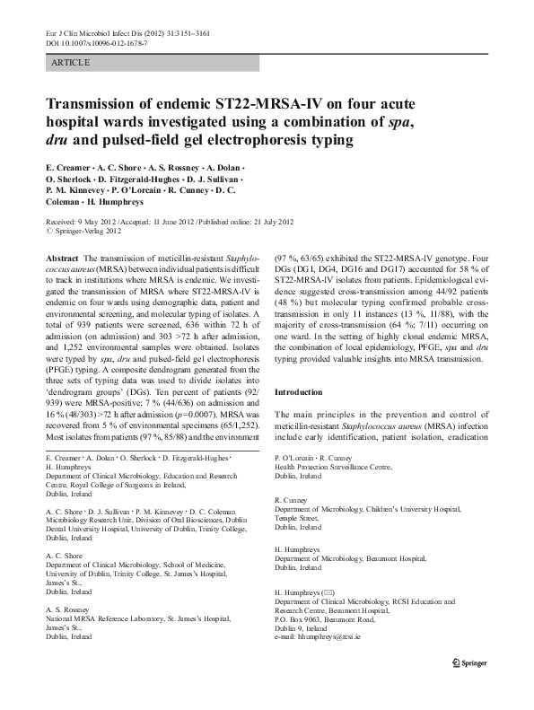 (PDF) Transmission of endemic ST22-MRSA-IV on four acute hospital wards ...