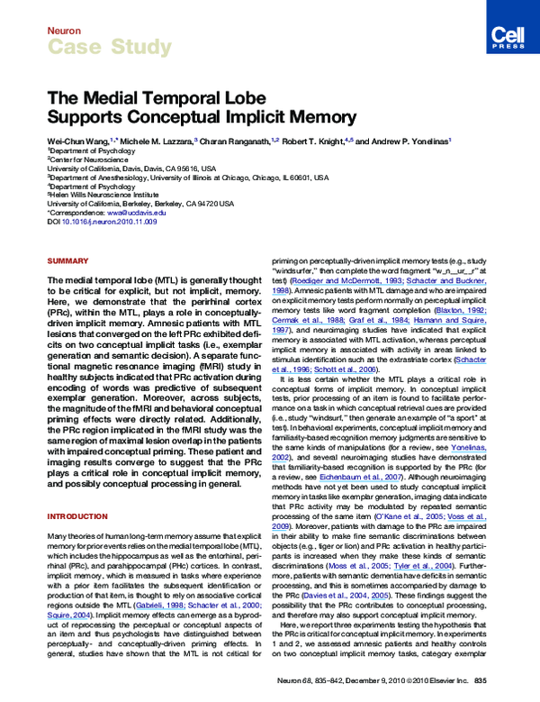 (PDF) The Medial Temporal Lobe Supports Conceptual Implicit Memory