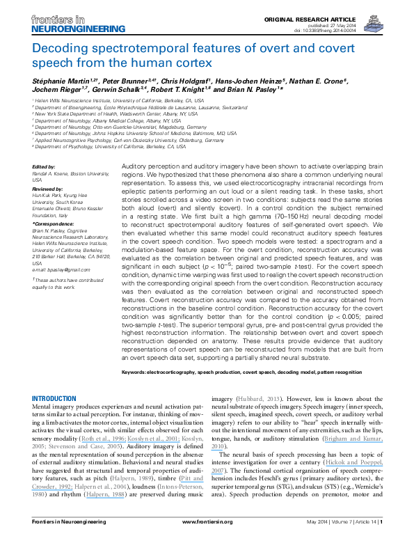 Pdf Decoding Spectrotemporal Features Of Overt And Covert Speech From The Human Cortex