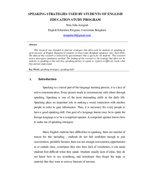 (DOC) SPEAKING STRATEGIES USED BY STUDENTS OF ENGLISH EDUCATION STUDY ...