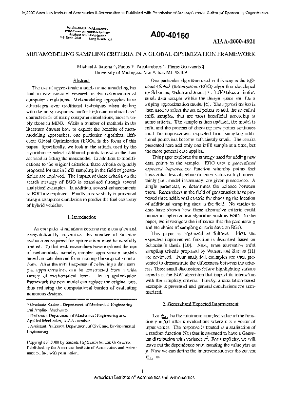 (PDF) Metamodeling sampling criteria in a global optimization framework
