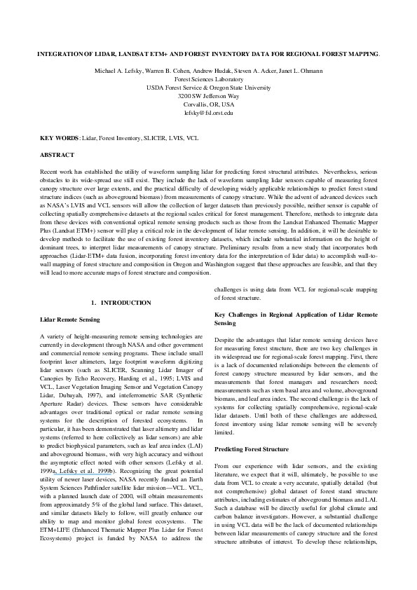 (PDF) Integration of lidar, Landsat ETM+ and forest inventory data for regional forest mapping