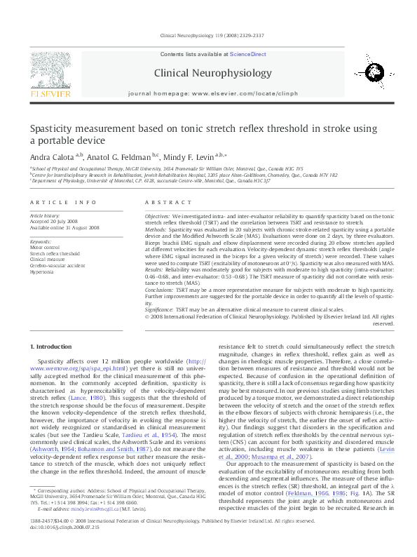 (PDF) Spasticity measurement based on tonic stretch reflex threshold in ...