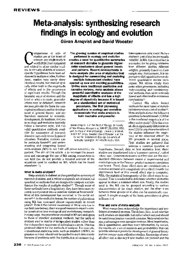 (PDF) Meta-analysis: synthesizing research findings in ecology and ...