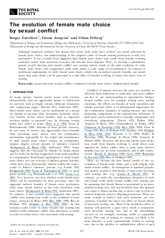 (PDF) The evolution of female mate choice by sexual conflict