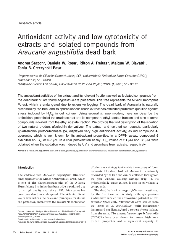 (PDF) Antioxidant activity and low cytotoxicity of extracts and isolated compounds from ...