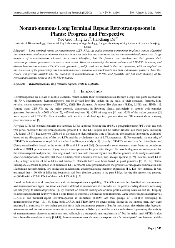 (PDF) Nonautonomous Long Terminal Repeat Retrotransposons in Plants: Progress and Perspective