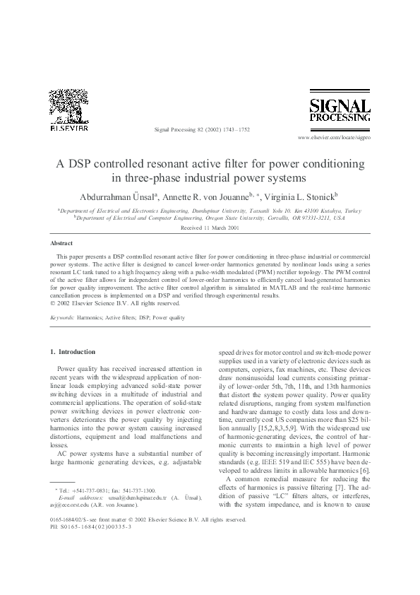A Dsp Controlled Resonant Active Lter For Power Conditioning In Three