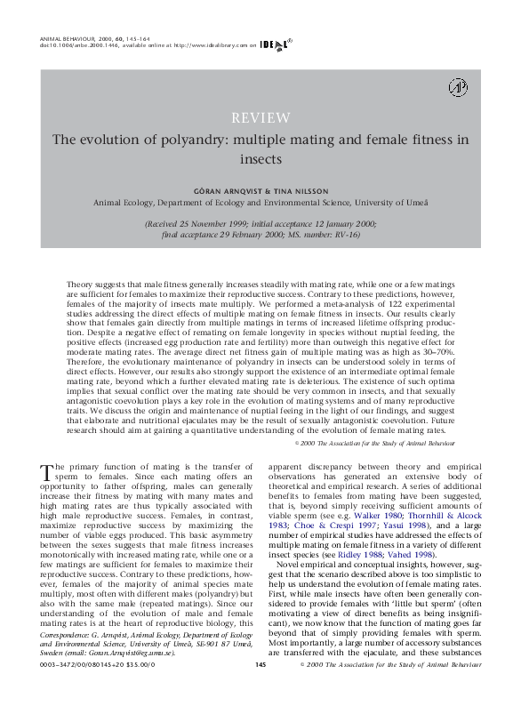 (PDF) The evolution of polyandry: multiple mating and female fitness in ...
