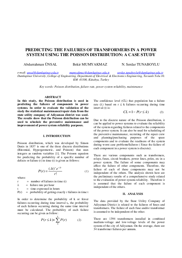 PREDICTING THE FAILURES OF TRANSFORMERS IN A POWER SYSTEM USING THE POISSON DISTRIBUTION: A CASE ...