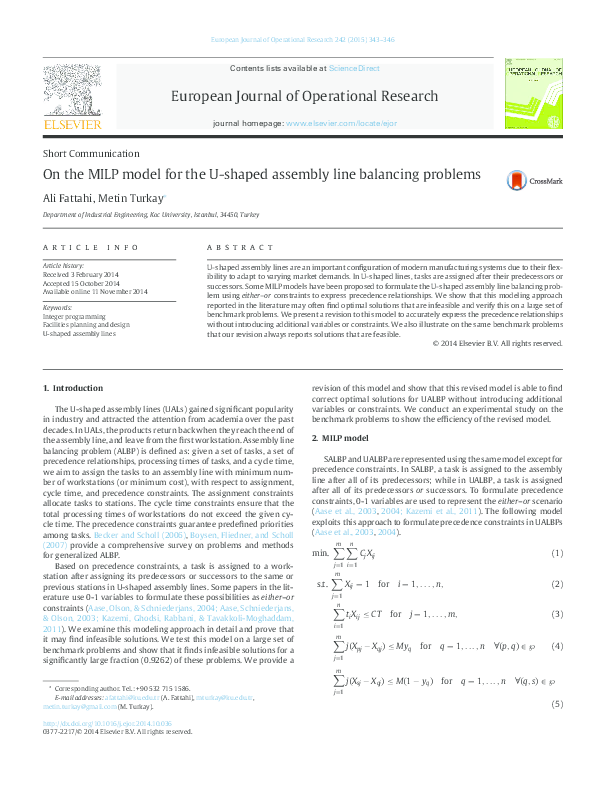 (PDF) On the MILP model for the U-shaped assembly line balancing problems