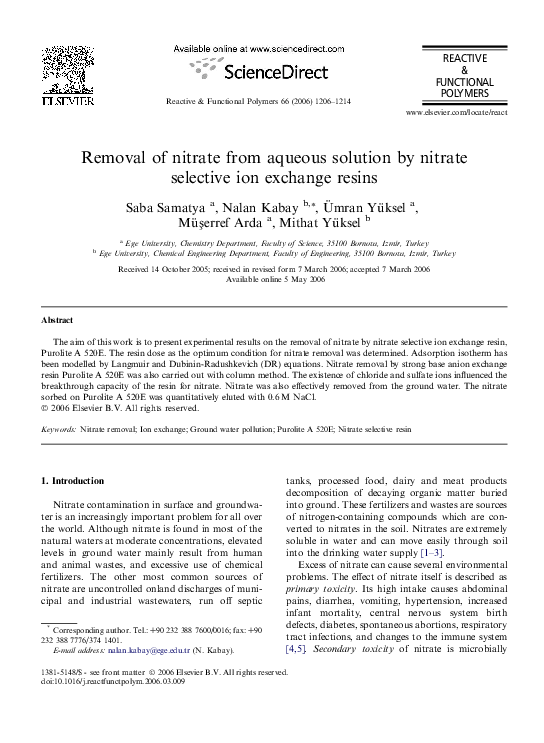 Removal of nitrate from aqueous solution by nitrate selective ion ...