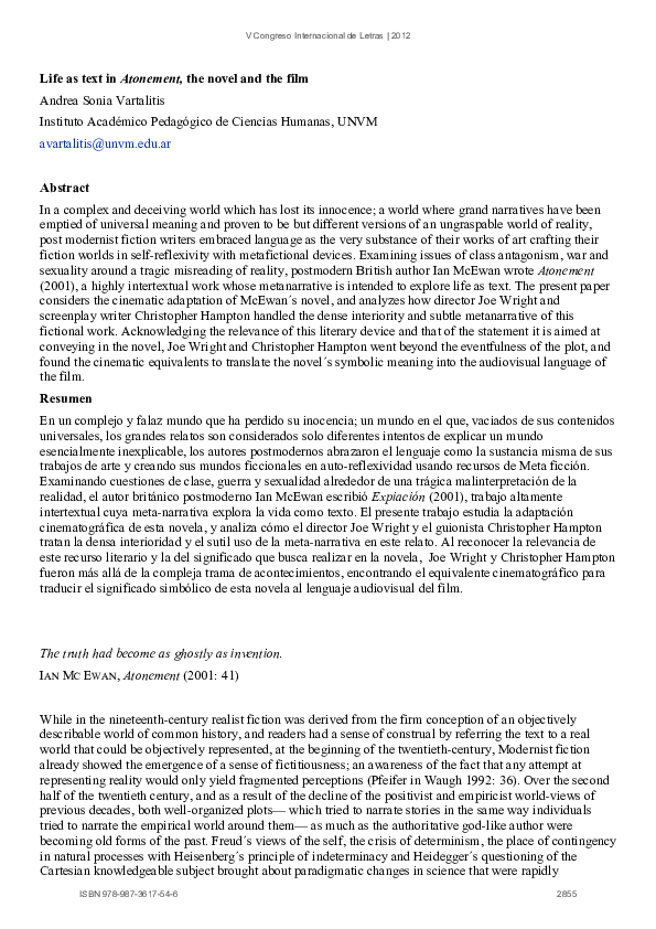 (PDF) Life as text in Atonement, the novel and the film