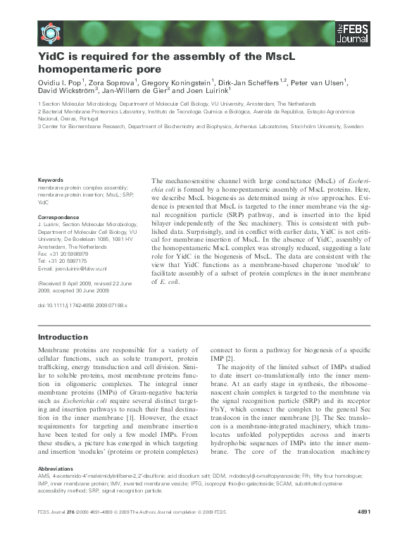 (PDF) YidC is required for the assembly of the MscL homopentameric pore