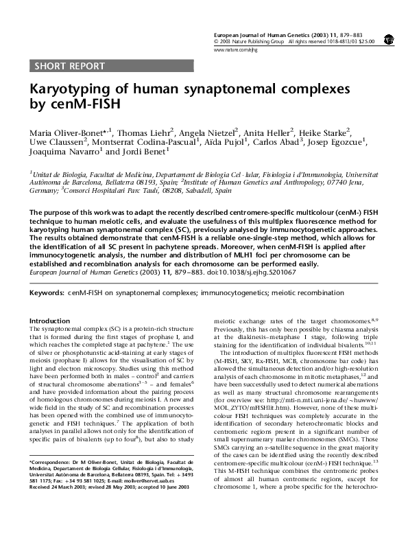 (PDF) Karyotyping of human synaptonemal complexes by cenM-FISH
