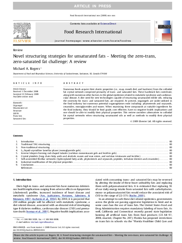 (PDF) Novel structuring strategies for unsaturated fats – Meeting the ...
