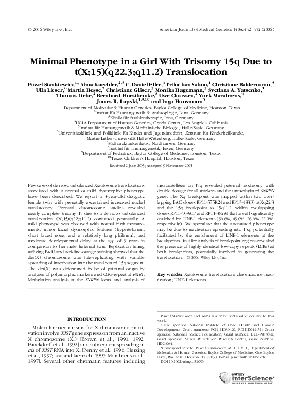 (PDF) Minimal phenotype in a girl with trisomy 15q due to t(X;15)(q22.3 ...