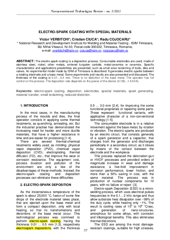 (PDF) ELECTRO-SPARK COATING WITH SPECIAL MATERIALS