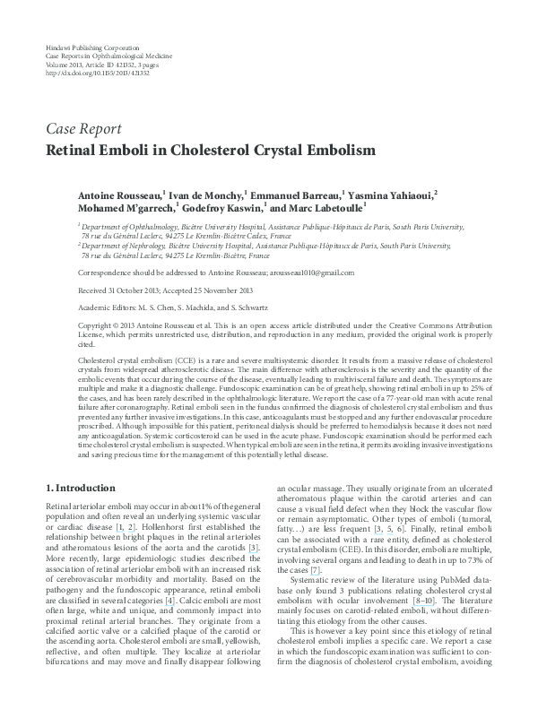 (PDF) Retinal Emboli in Cholesterol Crystal Embolism