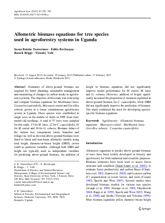 (PDF) Allometric biomass equations for tree species used in ...