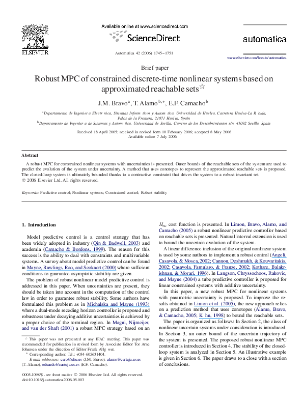 Pdf Robust Mpc Of Constrained Discrete Time Nonlinear Systems Based On Approximated Reachable Sets