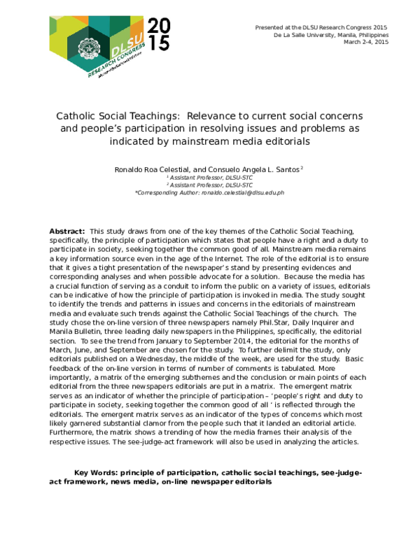 (DOC) Catholic Social Teachings: Relevance to current social concerns ...