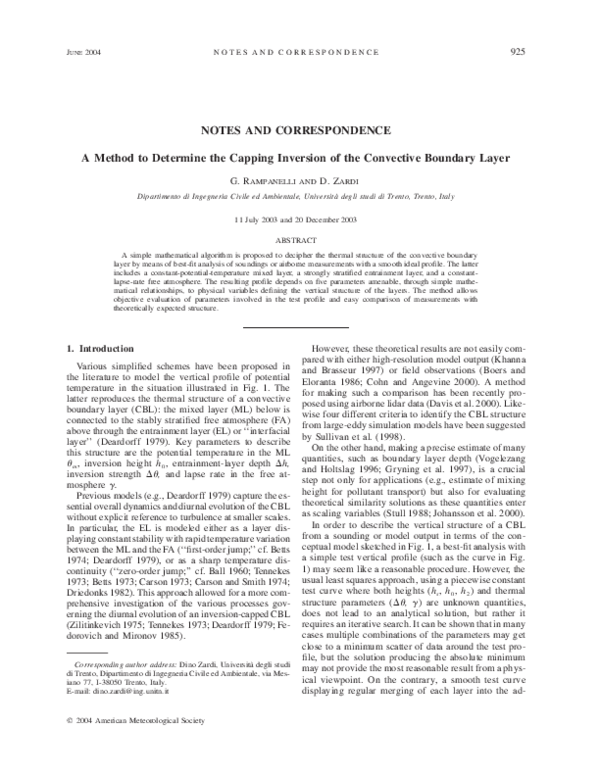 Pdf A Method To Determine The Capping Inversion Of The Convective Boundary Layer