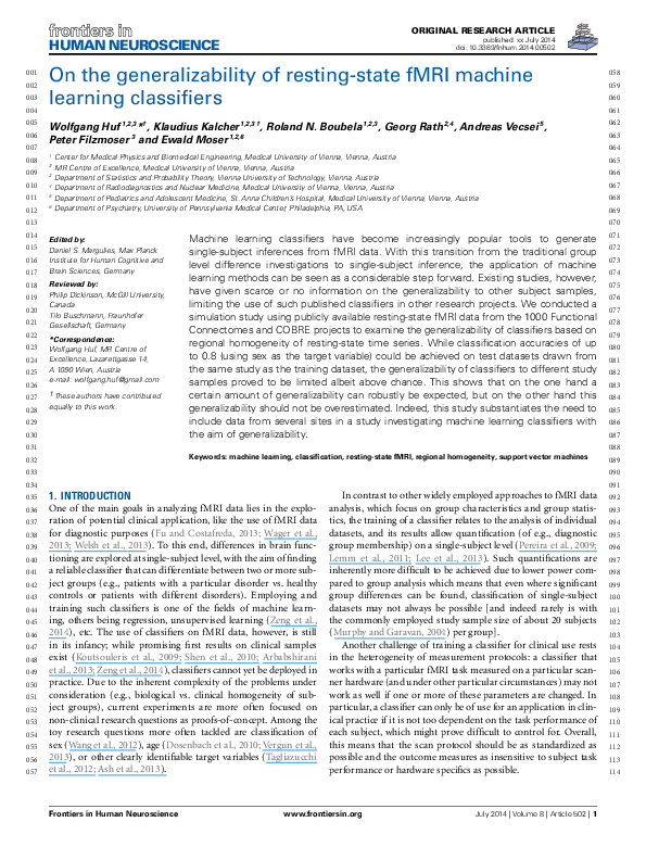 (PDF) On the generalizability of resting-state fMRI machine learning classifiers