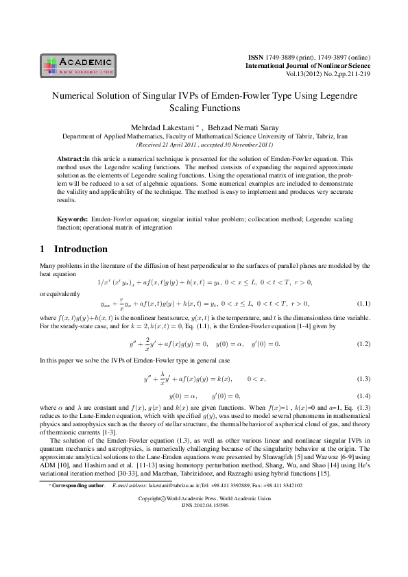 (PDF) Numerical Solution of Singular IVPs of Emden-Fowler Type Using Legendre Scaling Functions