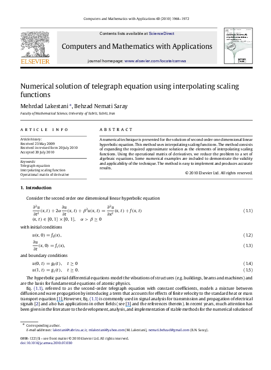 Pdf Numerical Solution Of Telegraph Equation Using Interpolating
