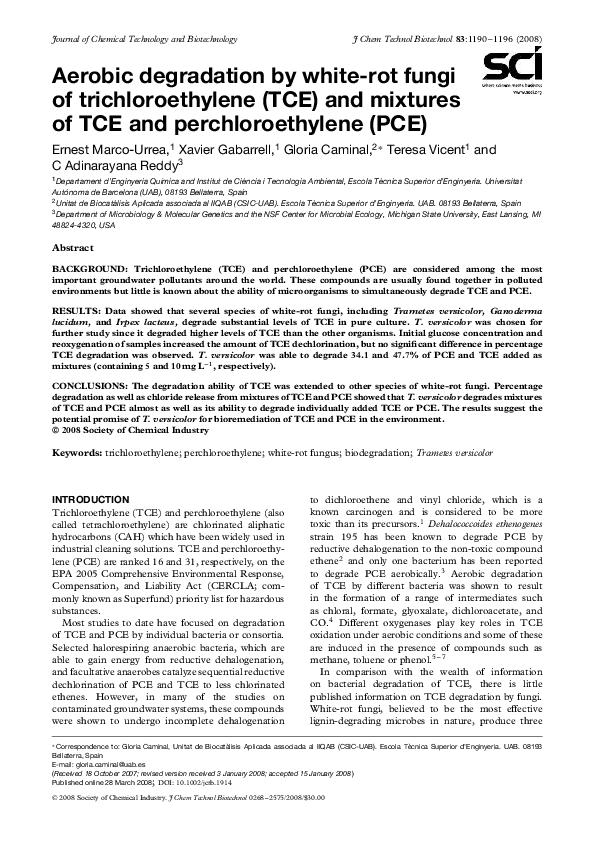 (PDF) Aerobic degradation by white-rot fungi of trichloroethylene (TCE ...