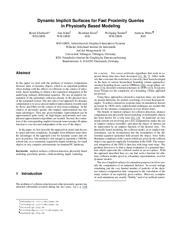 Pdf Dynamic Implicit Surfaces For Fast Proximity Queries In Physically Based Modeling