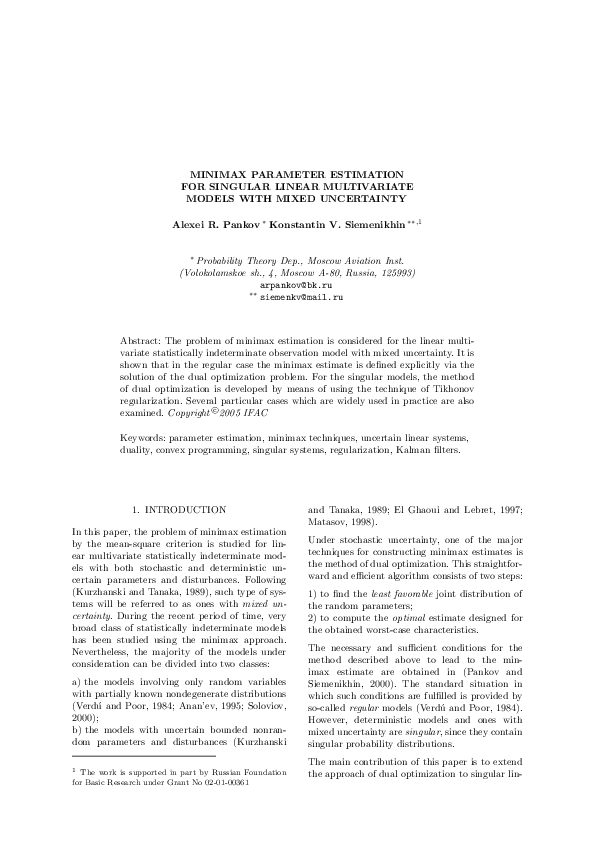 (PDF) Minimax Parameter Estimation for Singular Linear Multivariate Models with Mixed Uncertainty