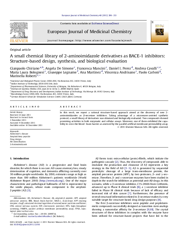 (PDF) A small chemical library of 2-aminoimidazole derivatives as BACE-1 inhibitors: Structure ...