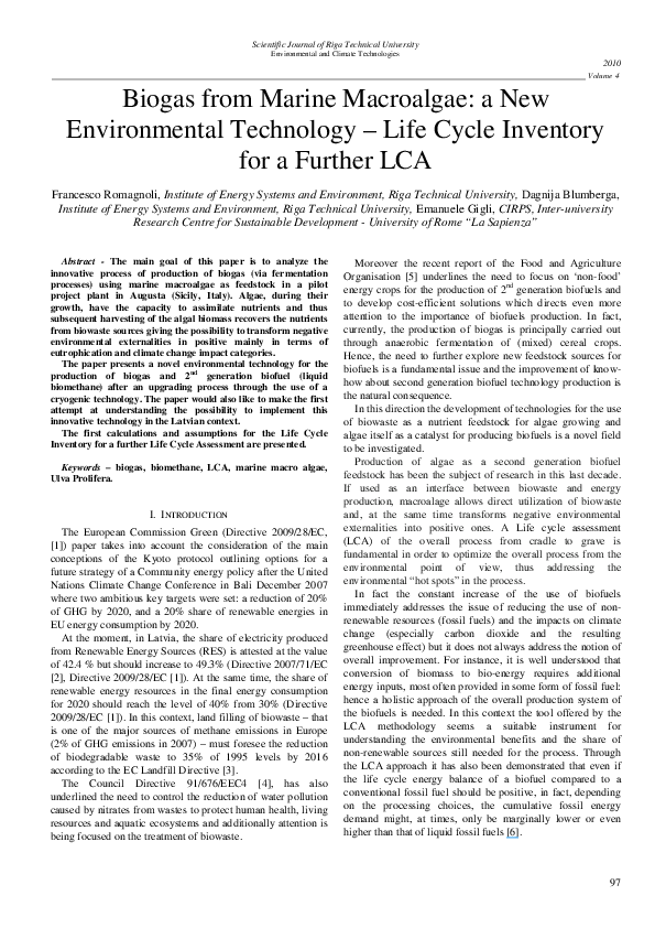 (PDF) Biogas from Marine Macroalgae: a New Environmental Technology ...