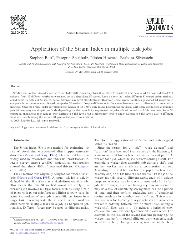 (PDF) Application of the Strain Index in multiple task jobs