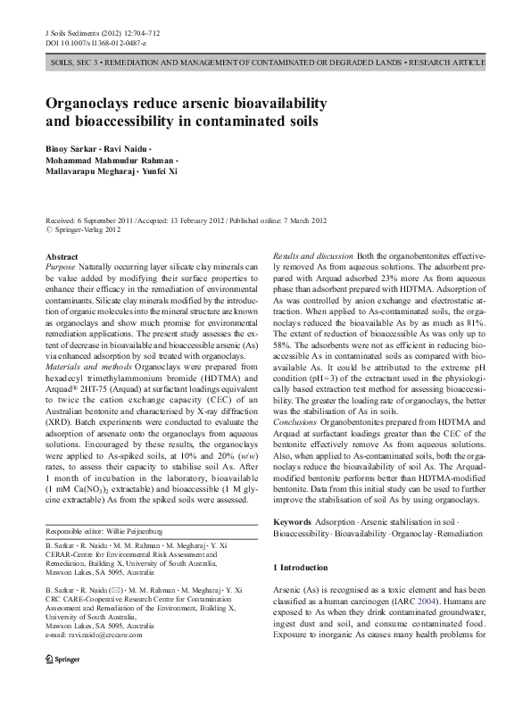 (PDF) Organoclays reduce arsenic bioavailability and bioaccessibility ...
