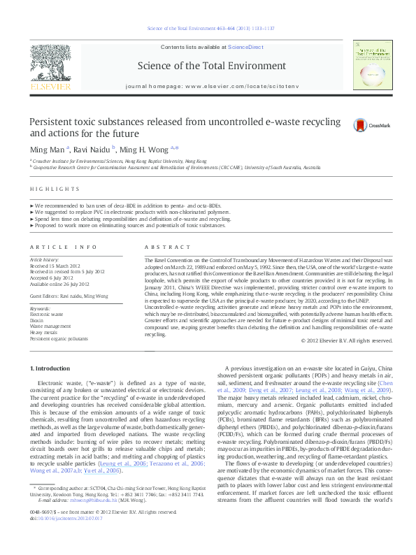 (PDF) Persistent toxic substances released from uncontrolled e-waste ...