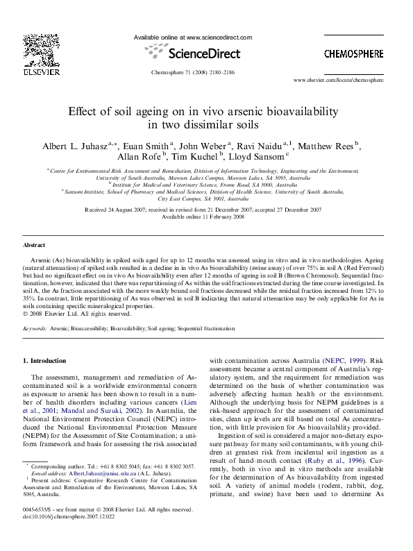 (PDF) Effect of soil ageing on in vivo arsenic bioavailability in two dissimilar soils