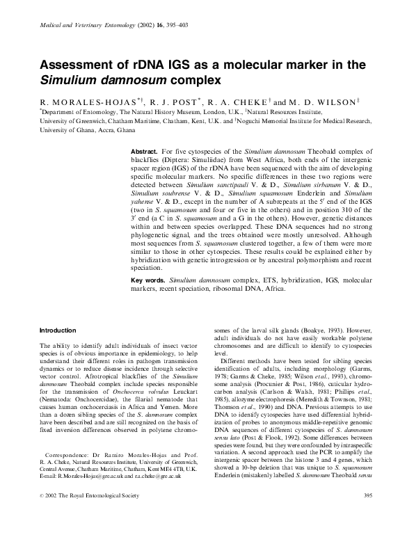 (PDF) Assessment of rDNA IGS as a molecular marker in the Simulium ...
