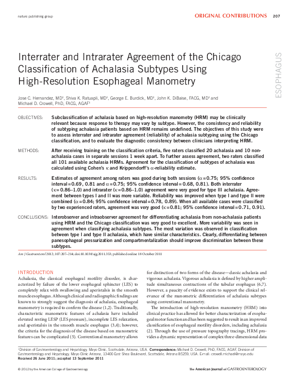 (PDF) Interrater and intrarater agreement of the chicago classification ...