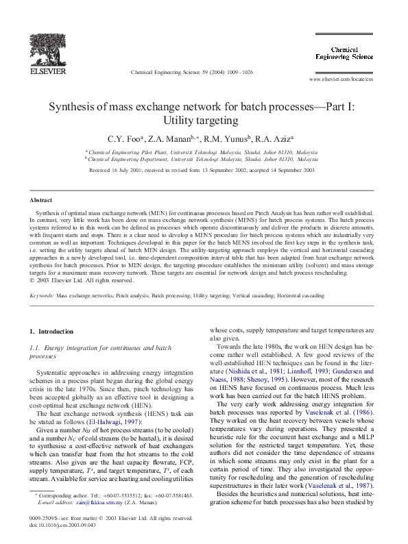 (PDF) Synthesis of mass exchange network for batch processes—Part II ...