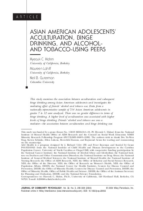 (PDF) Asian American adolescents' acculturation, binge drinking, and alcohol- and tobacco-using ...