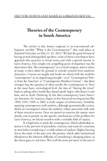 (PDF) with Hector Hoyos. Theories of the Contemporary in South America ...