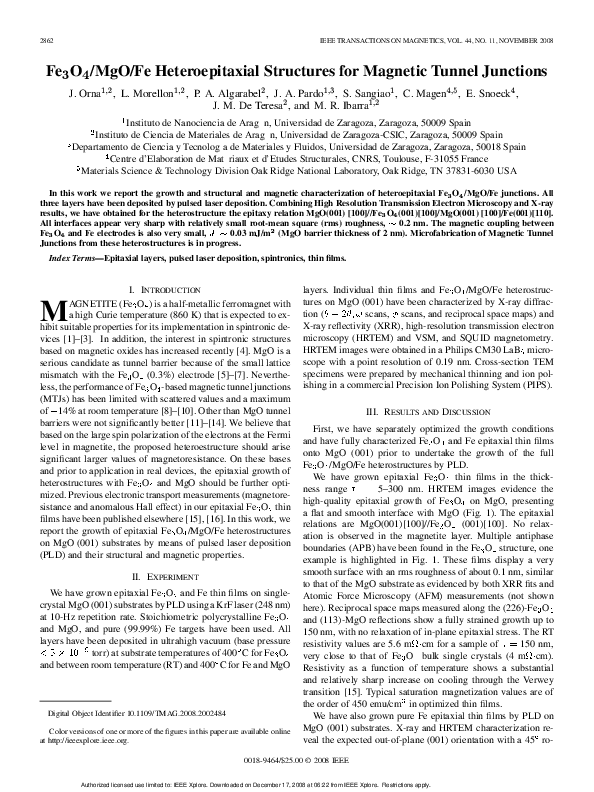 (PDF) Fe $_{3}$ O $_{4}$ /MgO/Fe Heteroepitaxial Structures for ...