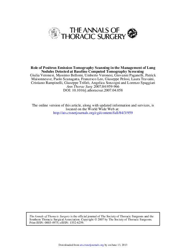 Role of Positron Emission Tomography Scanning in the Management of Lung Nodules Detected at ...