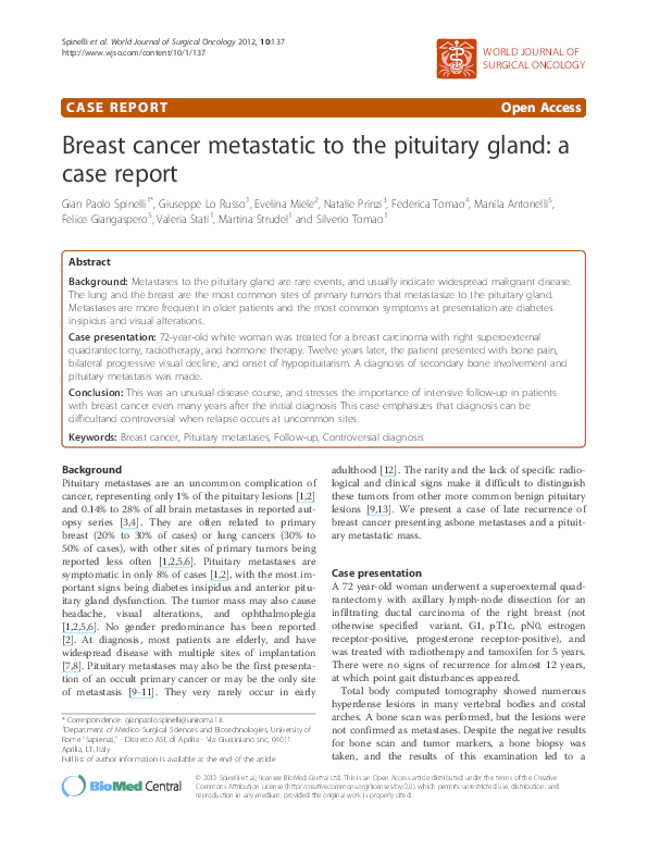 (PDF) Breast cancer metastatic to the pituitary gland: a case report | Valeria Stati - Academia.edu