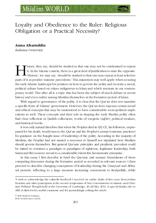 (PDF) Loyalty and Obedience to the Ruler: Religious Obligation or a ...