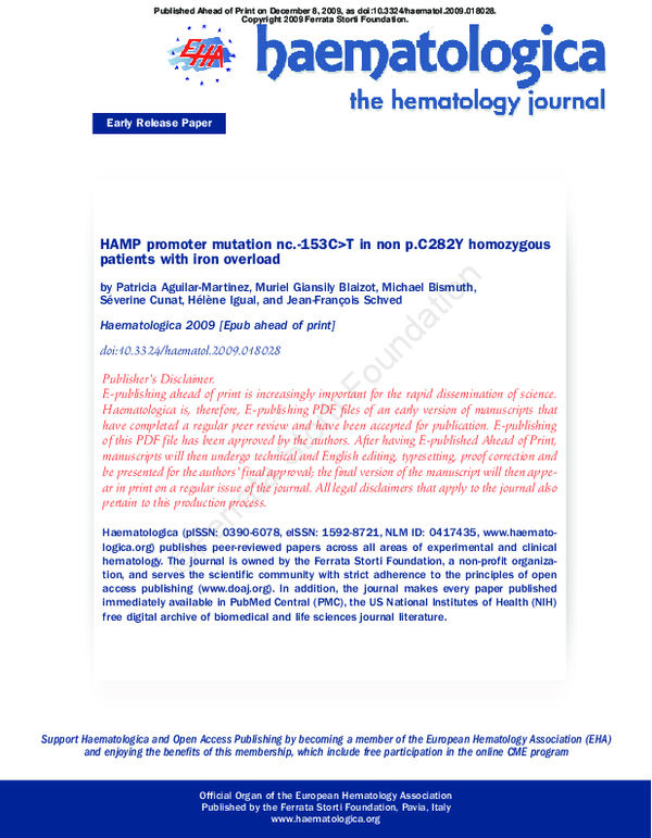 (PDF) HAMP promoter mutation nc.-153C>T in non p.C282Y homozygous ...