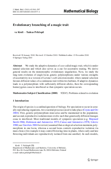 (PDF) Evolutionary branching of a magic trait